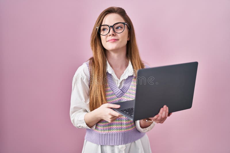 Young Caucasian Woman Working Using Computer Laptop Smiling Looking To ...