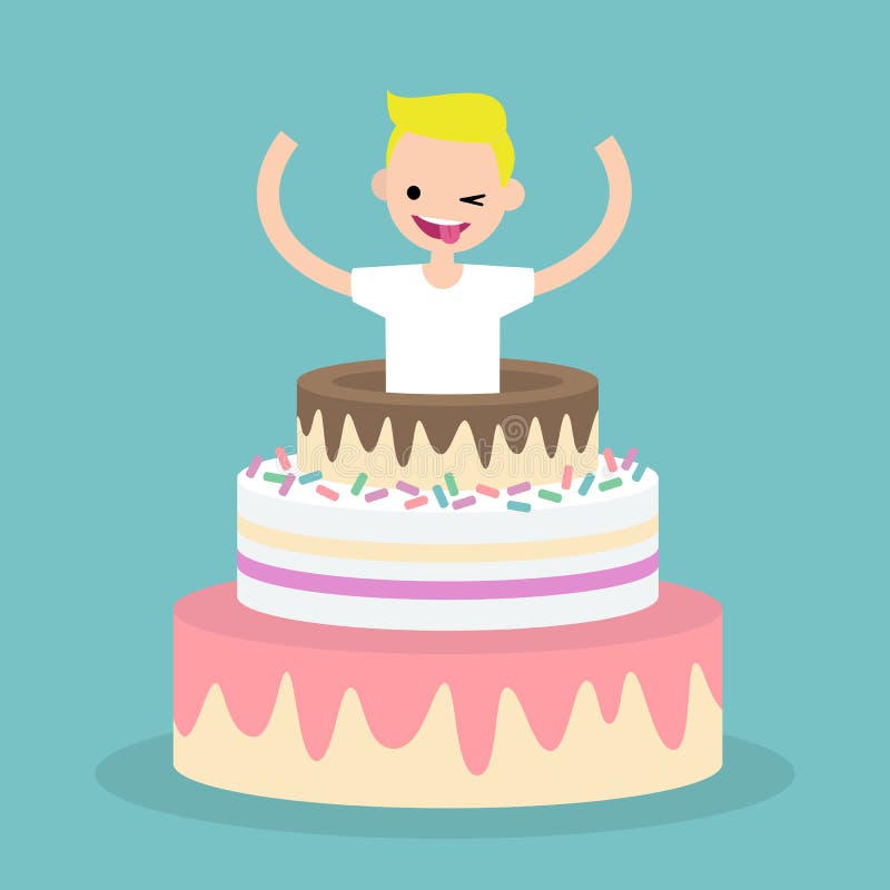 Young Character Jumping Out of a Cake / Flat Editable Vector Ill Stock ...