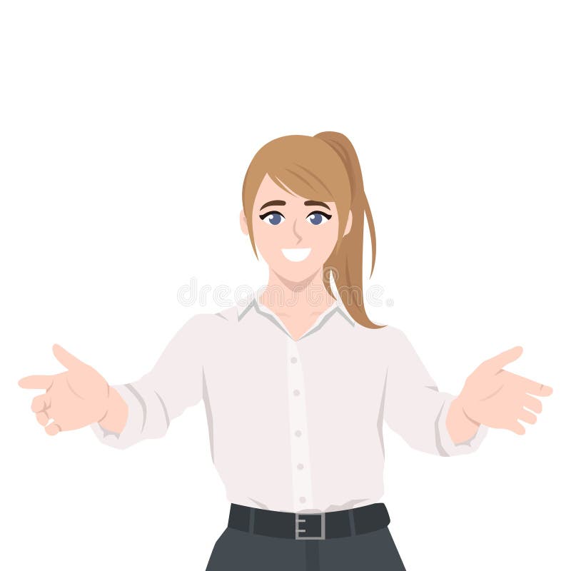 Young Cheerful Woman Gesturing Welcome Sign with Open Arms Stock ... Young Cheerful Woman Gesturing Welcome Sign with Open Arms Stock ...