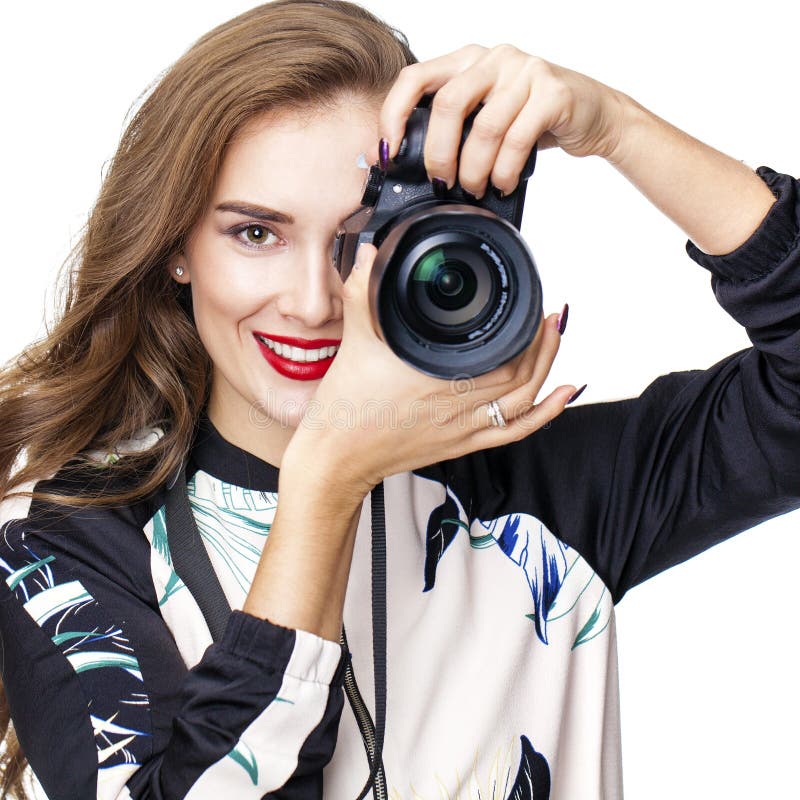 Young Cheerful Woman Taking a Picture Over White Background Stock Photo ... Young Cheerful Woman Taking a Picture Over White Background Stock Photo ...