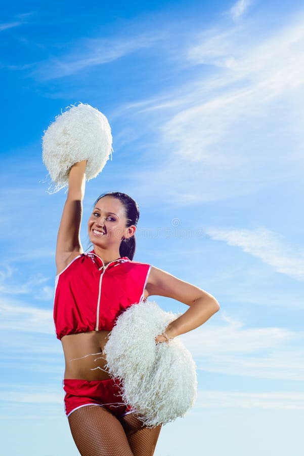 Young Cheerleader in Red Costume with Pampon Stock Image - Image of ...