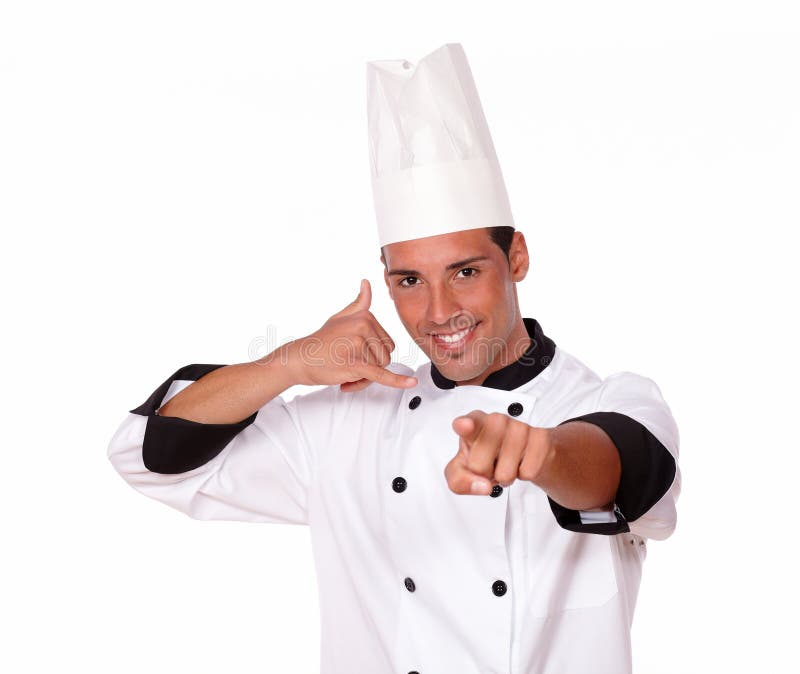 Young Chef with Call Gesture Pointing Stock Photo - Image of studio ...