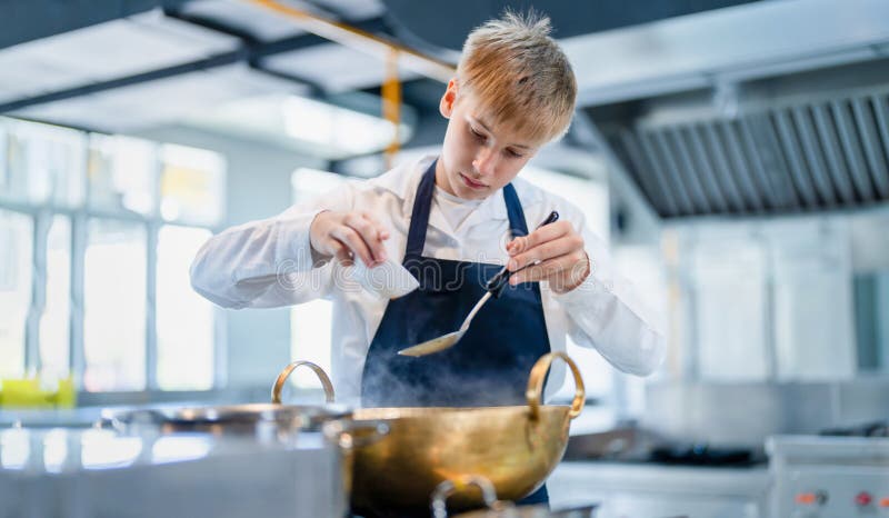 Young Chef Cooking at Restaurant Kitchen Stock Image - Image of young ...