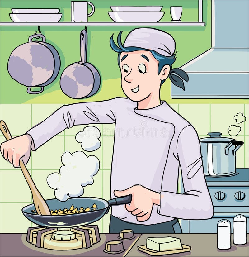 Chef Frying Vegetables in a Restaurant Kitchen Stock Illustration ...