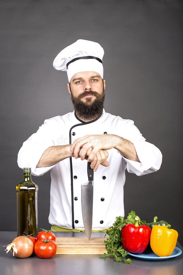 Chef Holding Big Sharp Knife Board Ready To Cook Stock Photos - Free ...