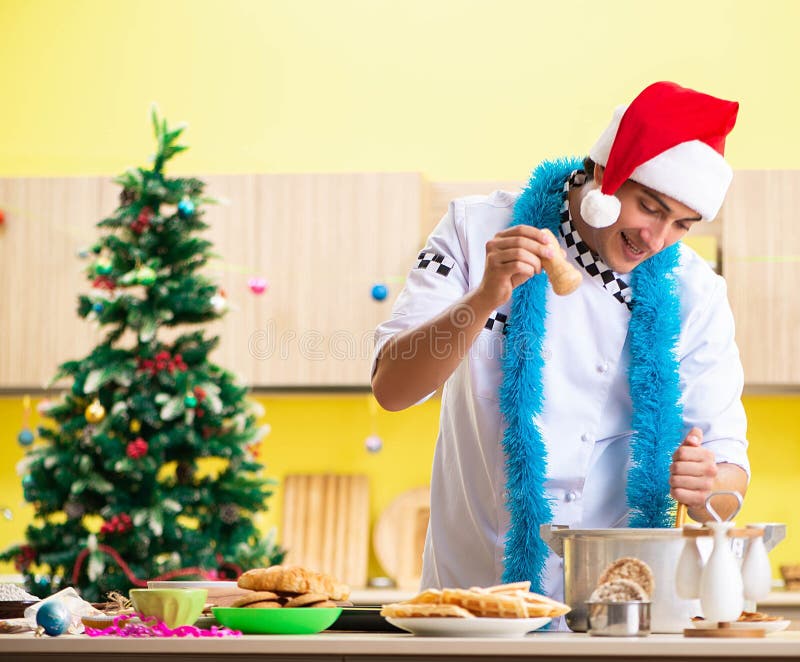 Young Chef Husband Working in Kitchen at Christmas Eve Stock Photo ...