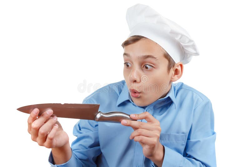Young Chef really Surprised Failure with a Knife. Isolated Studio Stock ...