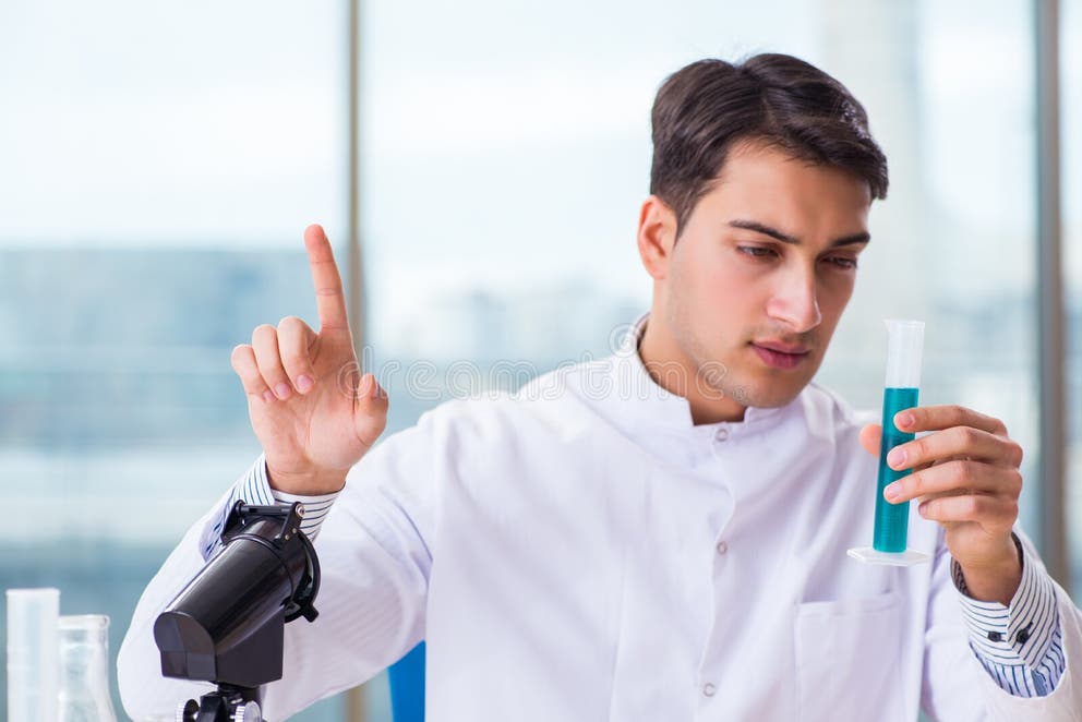 The Young Chemist Pressing Virtual Buttons in Lab Stock Photo - Image ...