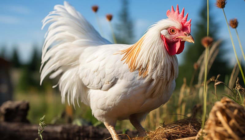 Young Chicken Standing in Green Meadow, Growing on Organic Farm ...