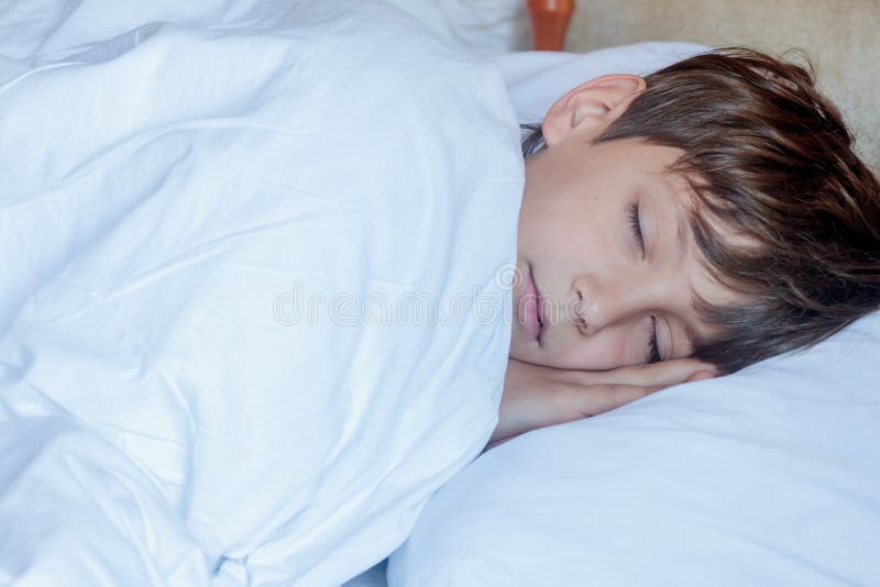 Young Child Boy Sleeping in Bed at Home, Stock Image - Image of indoors ...
