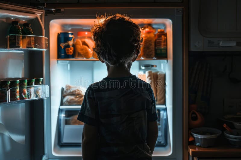 Young Child Contemplating Choices in Front of an Open Refrigerator at ...