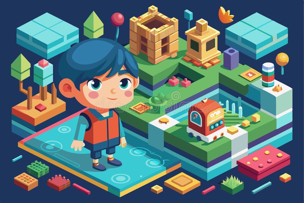 A Young Child Engaged in a Vibrant, Customizable Isometric Landscape ...