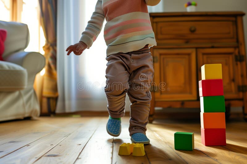 Young Child Excitedly Stepping Towards a Stack of Blocks Stock Image ...