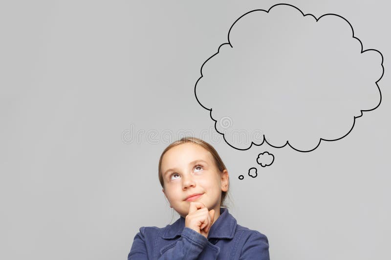 Young Child Girl with Thought Cloud Bubble Above Head Thinking on White ...