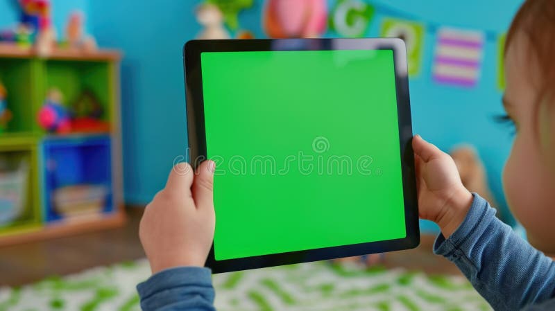 A Young Child Holds a Tablet with a Green Screen, Ready for Video ...