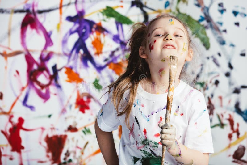 Young Child Painter Standing with a Brush Stock Photo - Image of learn ...