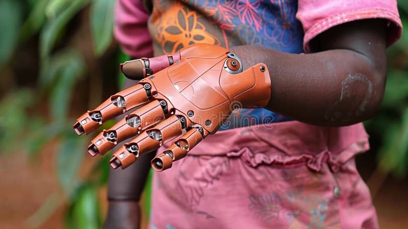 A Child Proudly Displays a Prosthetic Hand in a Lush Outdoor Setting ...