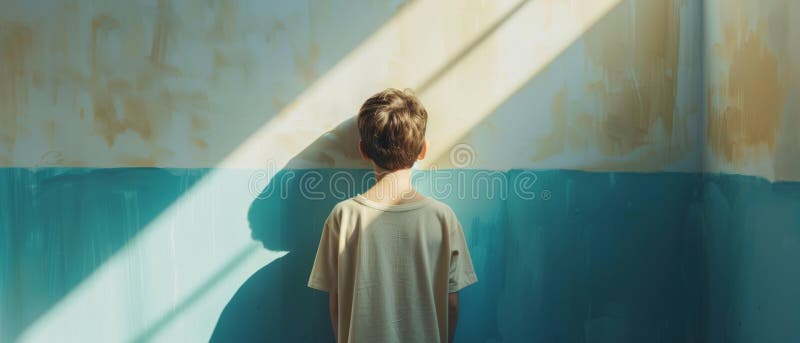 A Young Child Stands Facing a Textured Wall, Sun Rays Casting a Stark ...