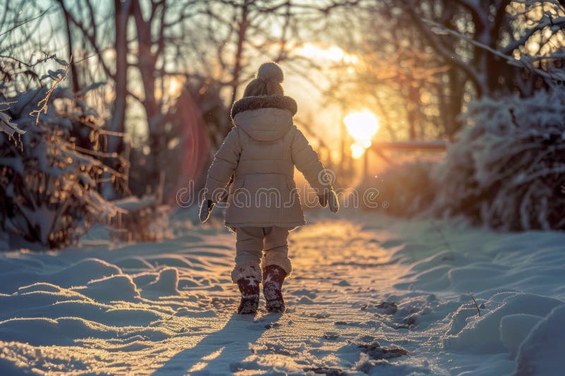 Young Child Walking Away on Snowy Path at Sunset Stock Photo - Image of ...