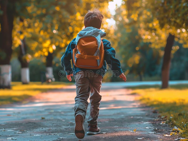 Young Child Wearing a Backpack, Walking on a Sunlit Path Towards School ...