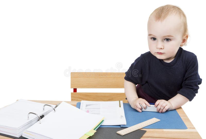 Baby with Paperwork at Wooden Desk Stock Image - Image of baby ...