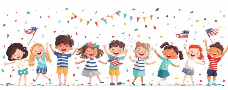 Young Children Cheerfully Waving Flags in Parade Stock Illustration ...