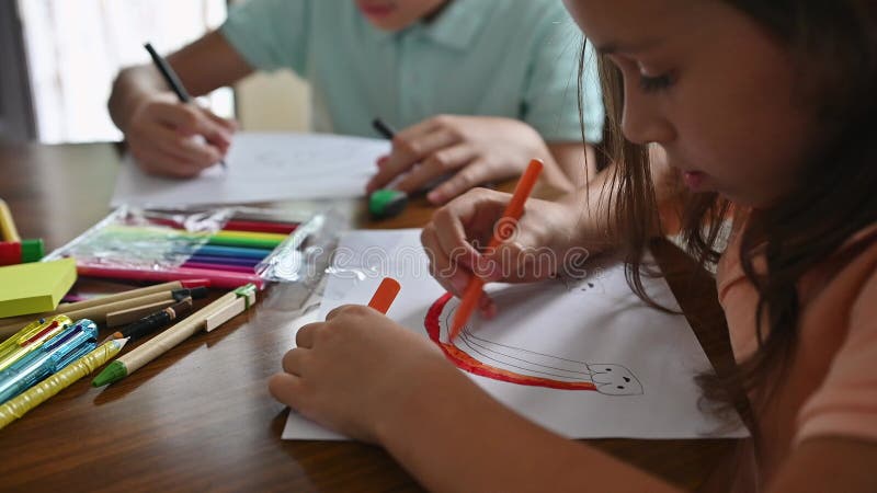 Children Focused on Back To School Art Project with Colorful Pencils ...