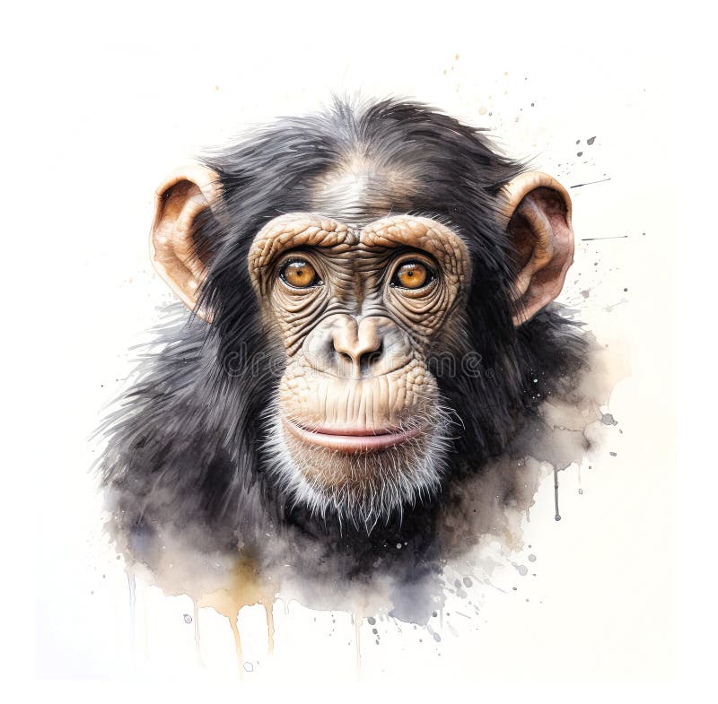 Young Chimp Portrait, Front View. Stylised Digital Watercolour Isolated ...