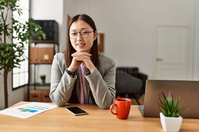 Young Chinese Businesswoman Using Laptop Working at the Office Stock ...