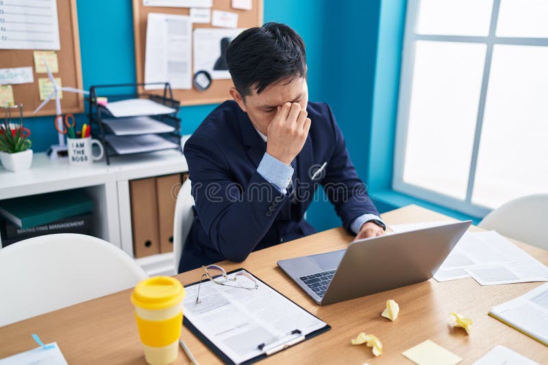 Young Chinese Man Business Worker Stressed Using Laptop at Office Stock ...