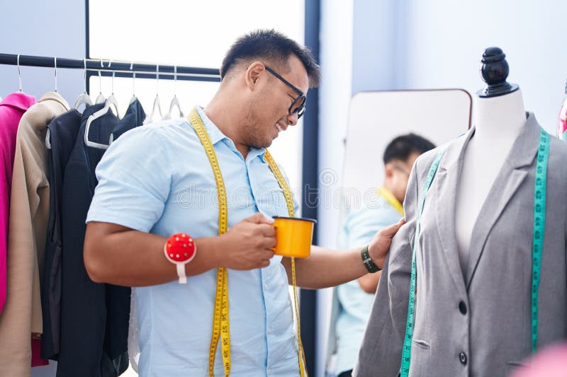 Young Chinese Man Tailor Smiling Confident Drinking Coffee at Tailor ...
