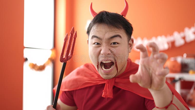 Young Chinese Man Wearing Devil Costume Doing Scare Gesture at Home ...