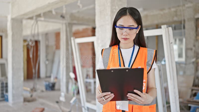 Young Chinese Woman Builder Reading Document at Construction Site Stock ...