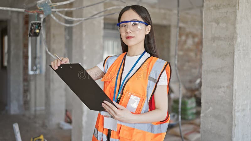 Young Chinese Woman Builder Smiling Confident Reading Document at ...