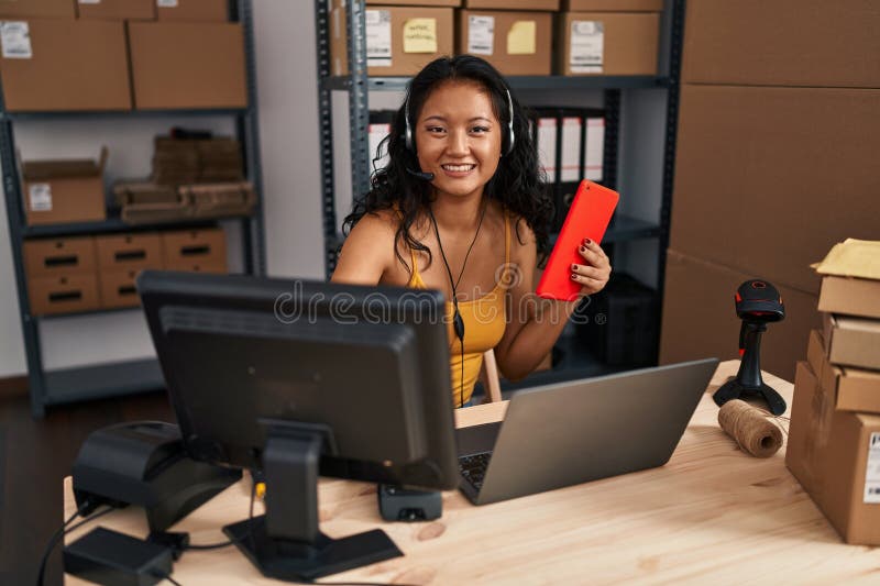 Young Chinese Woman Ecommerce Call Center Agent Working at Office Stock ...