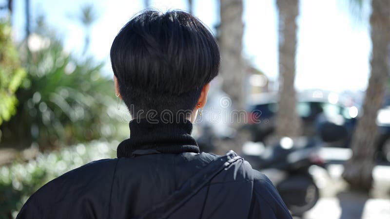 Young Chinese Woman Standing on Back View at Park Stock Photo - Image ...