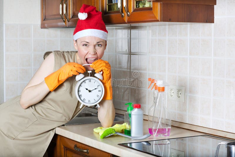 Young Cleaning Lady with Alarm Clock Stock Photo - Image of glass ...