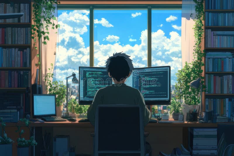 Young Coder Working from Home on Multiple Screens, Programming Against a Stunning City Sunset ...