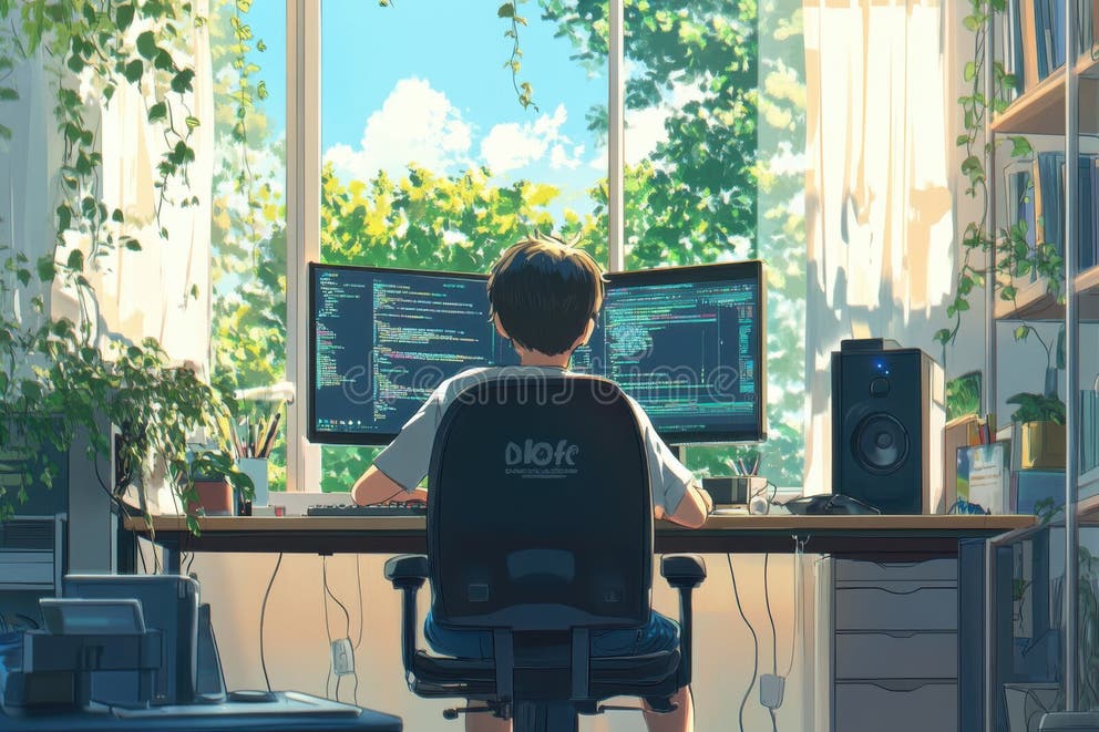 Young Coder Working from Home on Multiple Screens, Programming Against ...