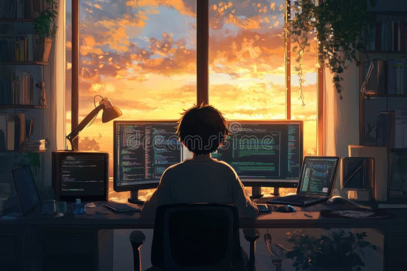 Young Coder Working from Home on Multiple Screens, Programming Against ...