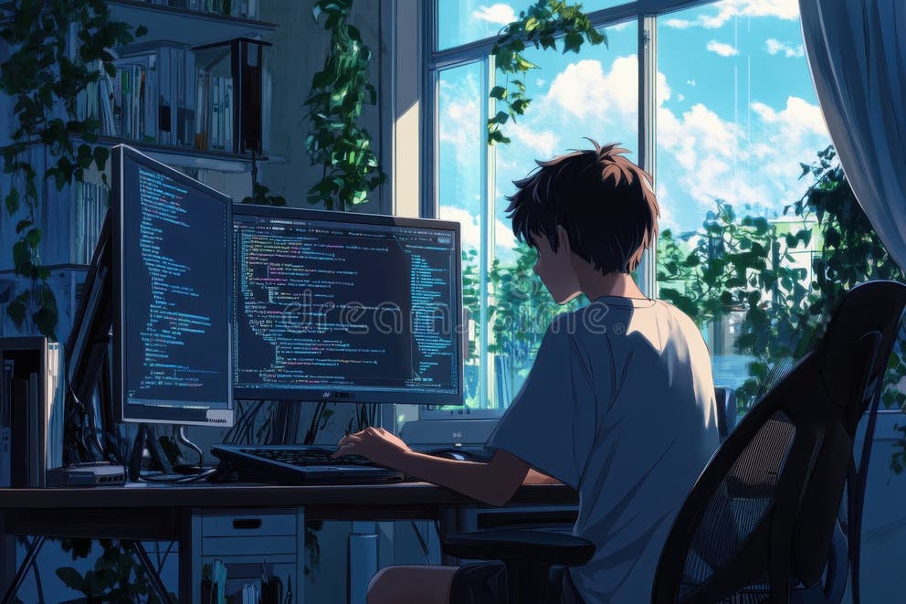 Young Coder Working from Home on Multiple Screens, Programming Against ...