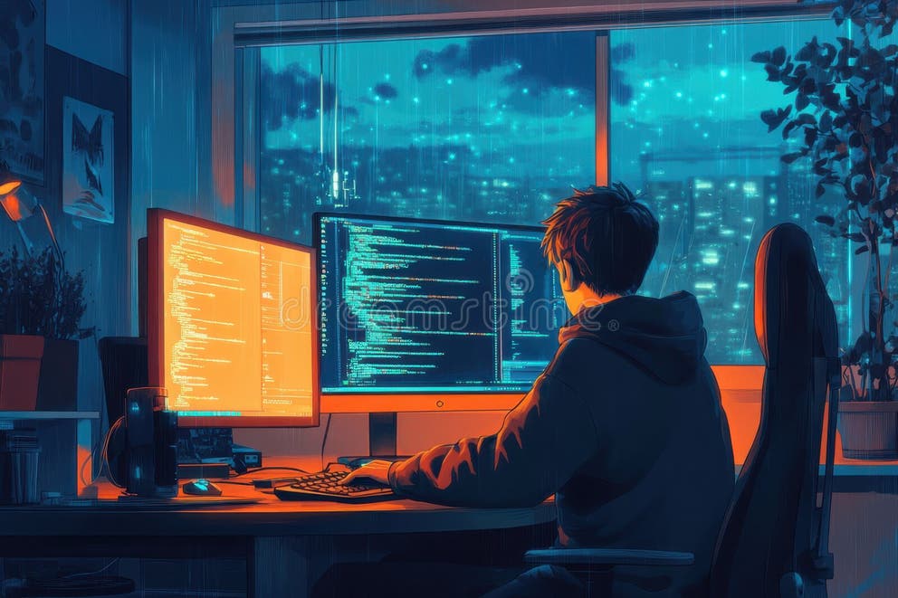 Young Coder Working from Home on Multiple Screens, Programming Against ...