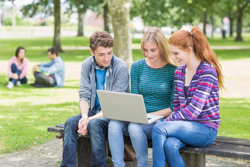 Young College Students Using Laptop in Park Stock Photo - Image of five ...