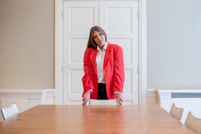 Young Confident Businesswoman Leaning on Table Stock Photo - Image of ...