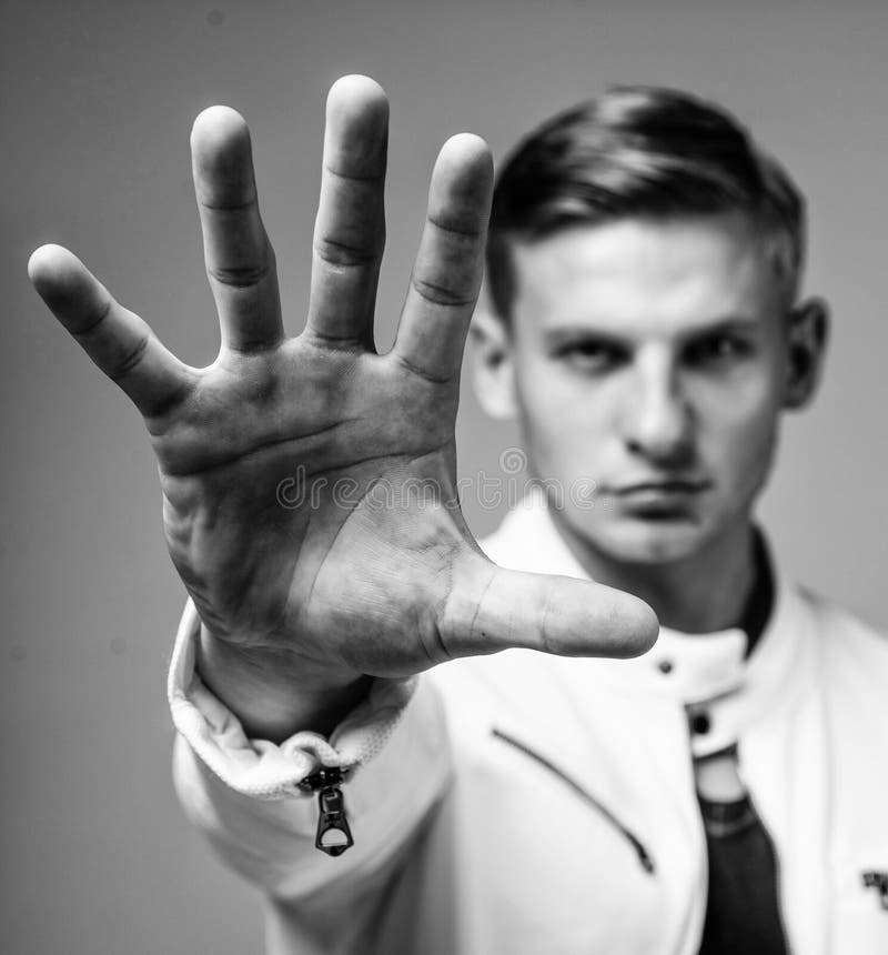 Young Confident Guy in White Urban Clothes with Open Hand, Gesture ...