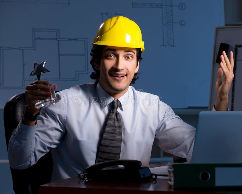 Young Construction Architect Working on Project at Night Stock Image ...