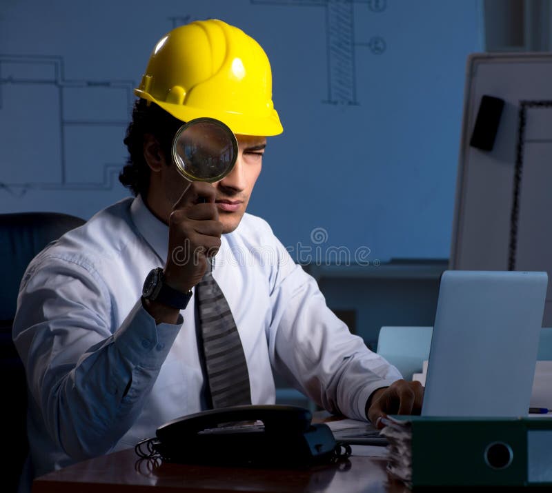 Young Construction Architect Working on Project at Night Stock Image ...