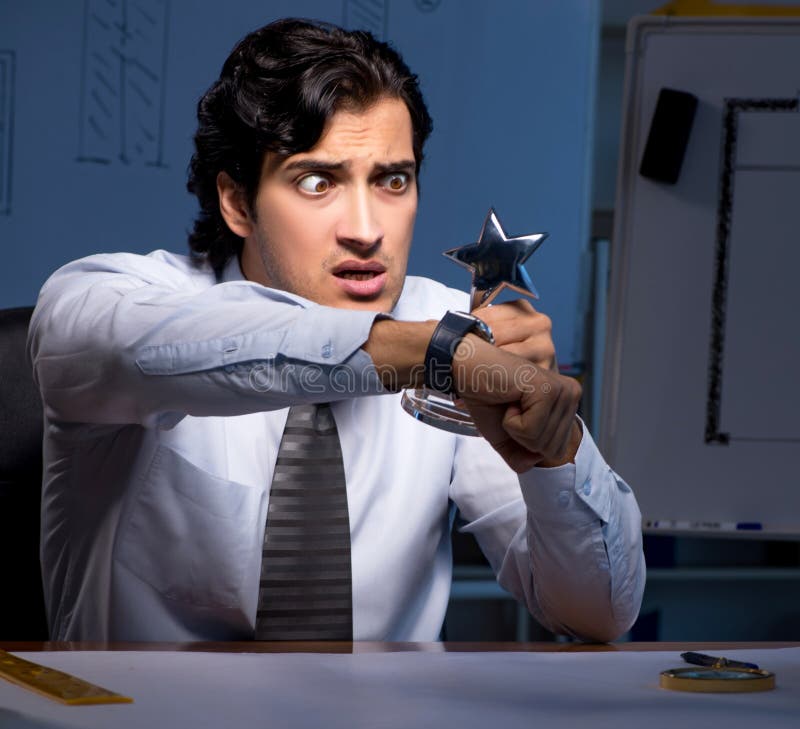 Young Construction Architect Working on Project at Night Stock Image ...