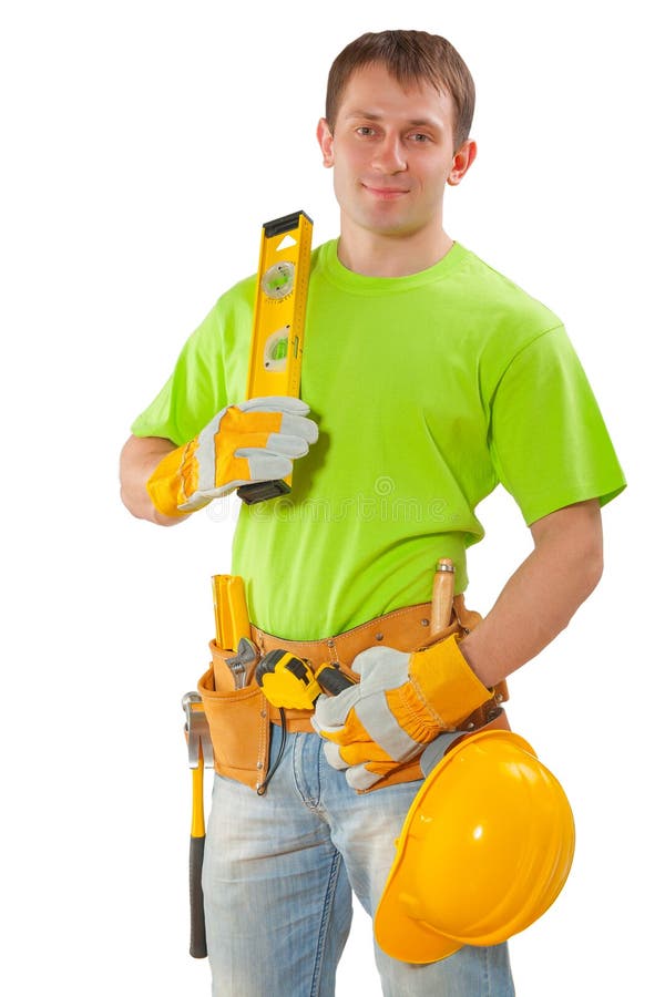Young Construction Worker Holding Level Isolated White Backgroun Stock ...