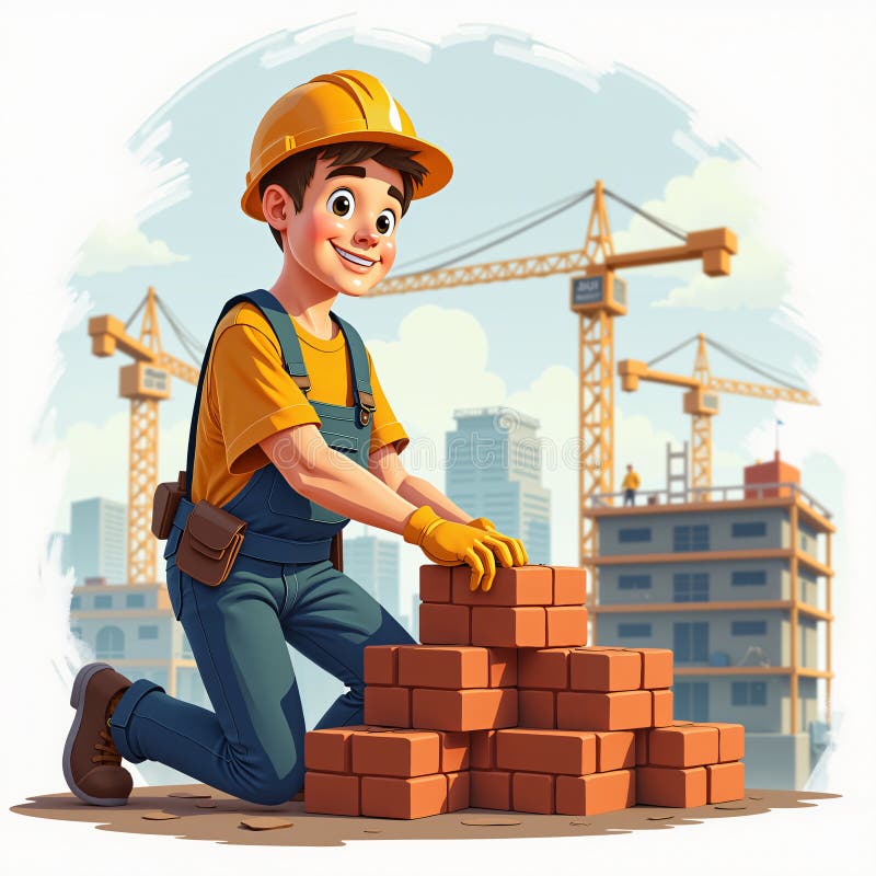 Cartoon Construction Worker Building a Brick Wall Stock Illustration ...
